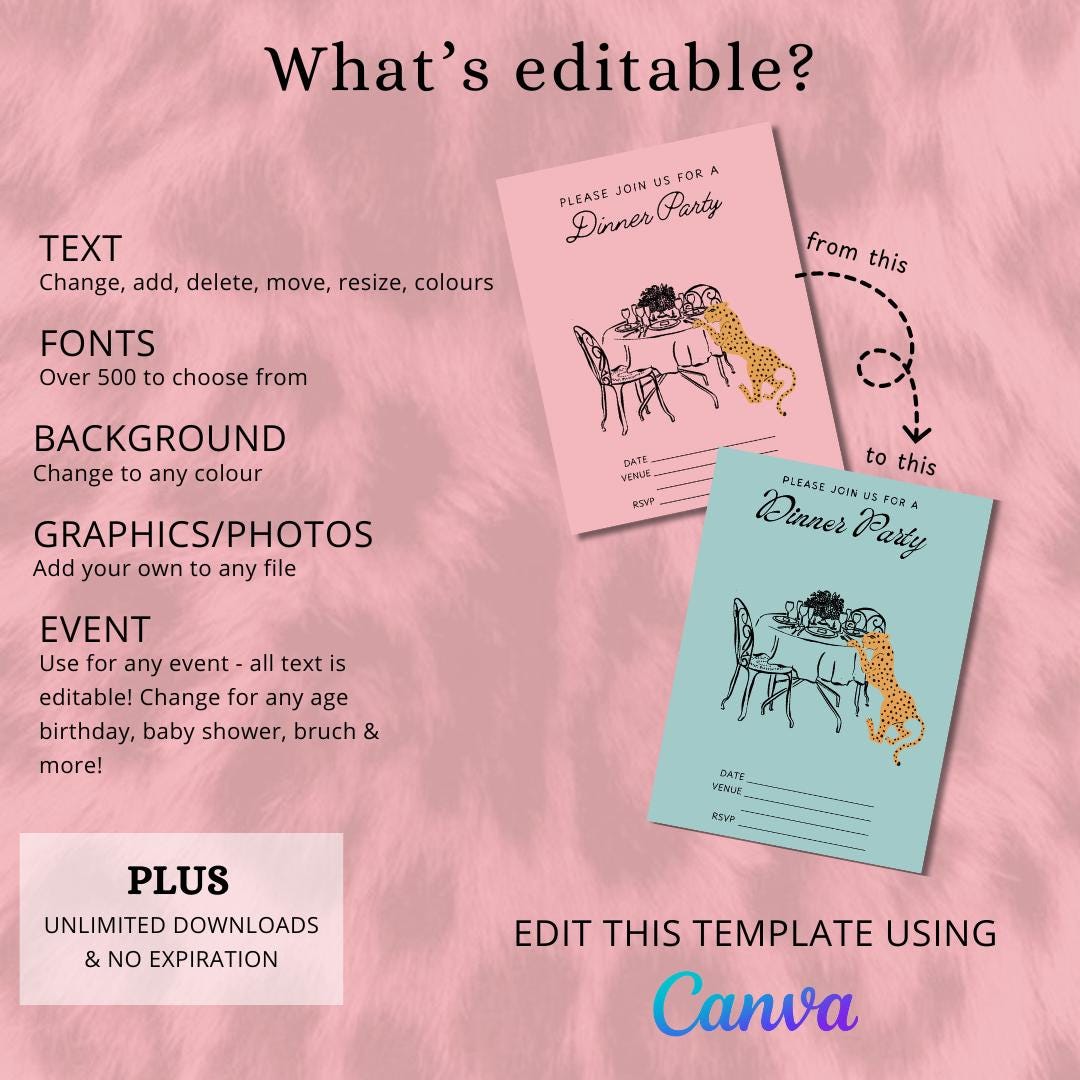Pink Cheetah Themed Dinner Party Digital Invitation | Editable Template ...