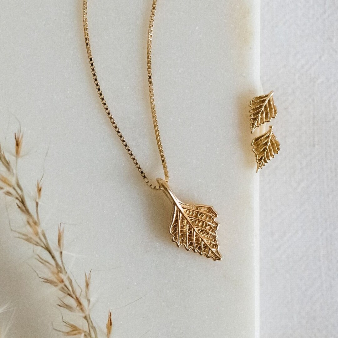 Gold Birch Tree Leaf, Botanical Chain, Betula Silver Little Druid Charm ...