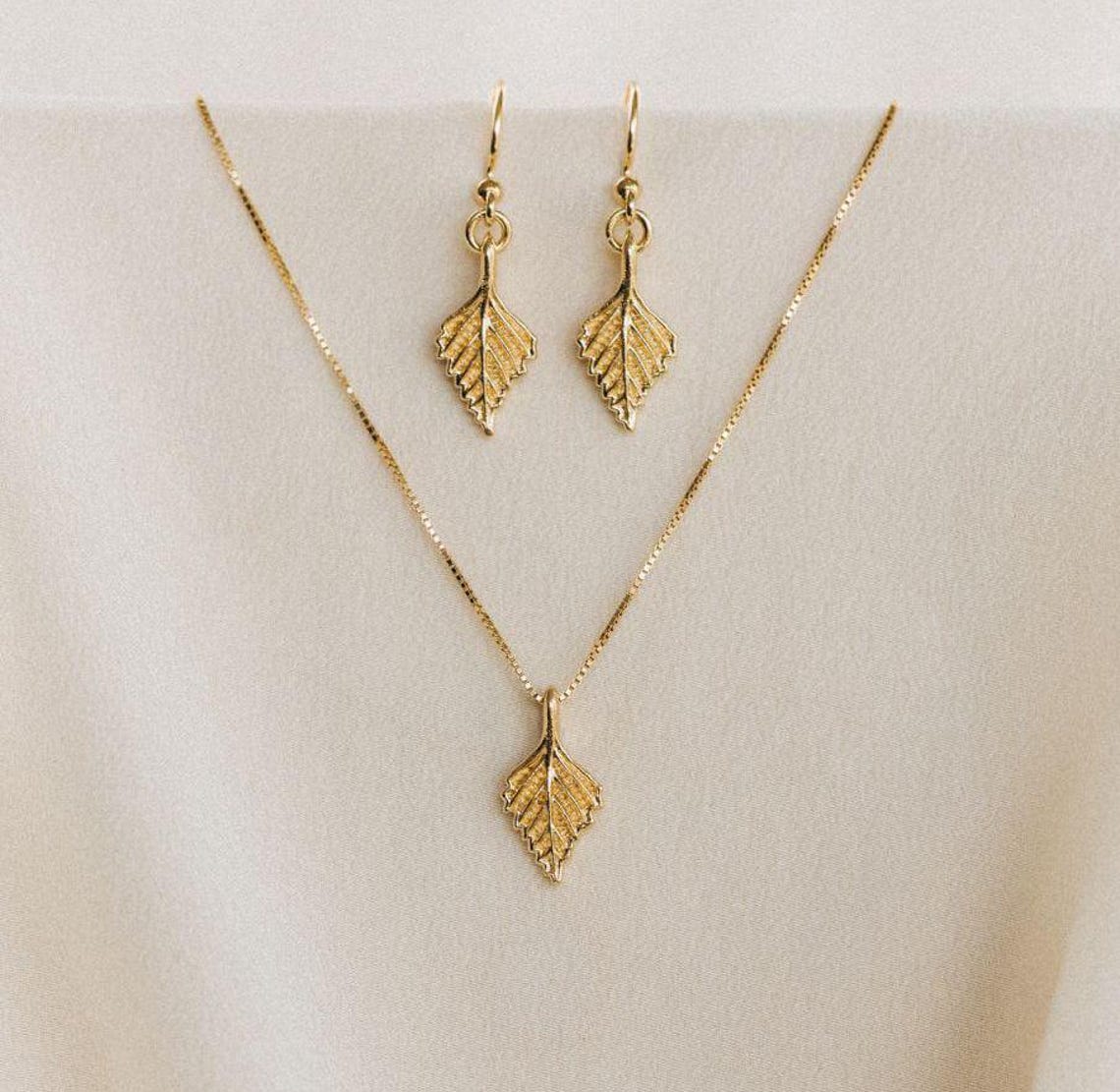 Golden Birch Leaf Jewelry Set – 18K Gold Plated Sterling Silver ...