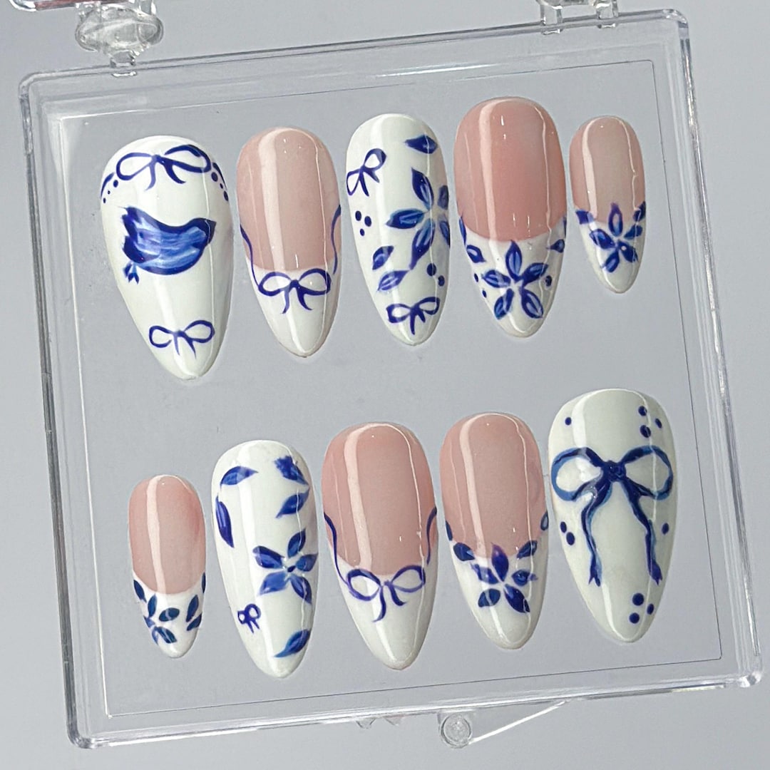 Blue Ceramic Press on Nails, Hand-painted Porcelain Nail Art, Delftware ...