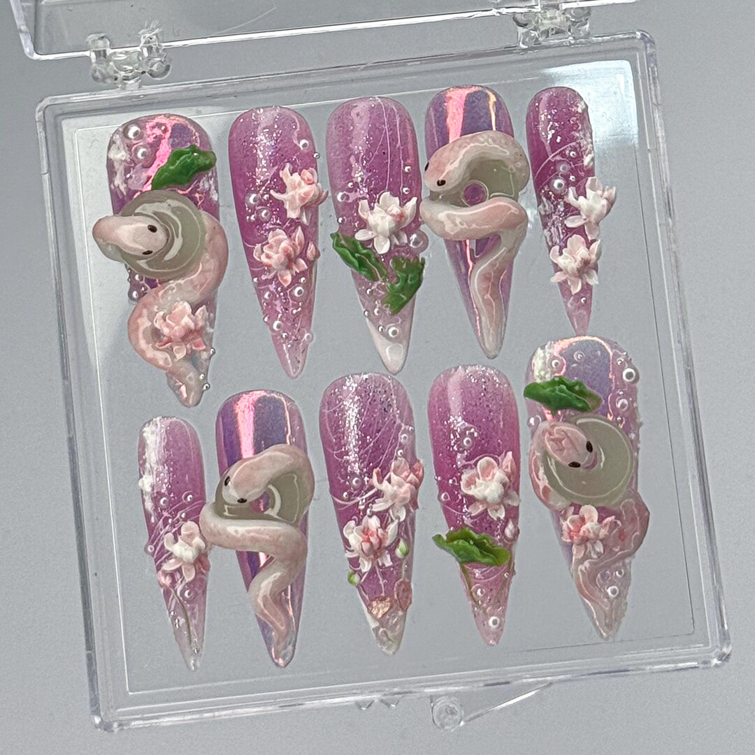 Luxury Snakes Press on Nails, Pink Glitter Snake and 3D Lotus Nail Art ...