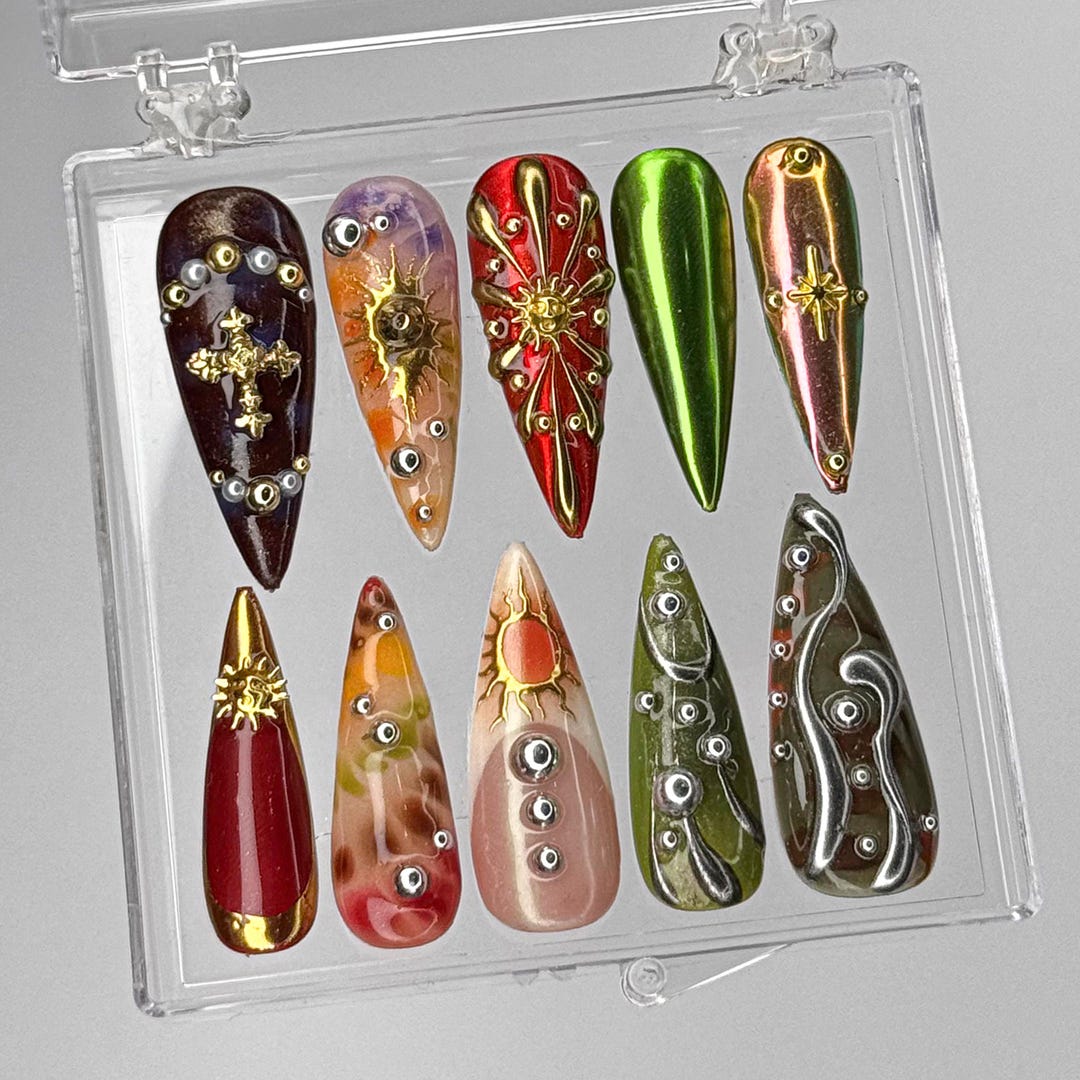 Luxury Gothic Nail Set, Gold Sun and Cross Nail Art, Gothic Nails ...