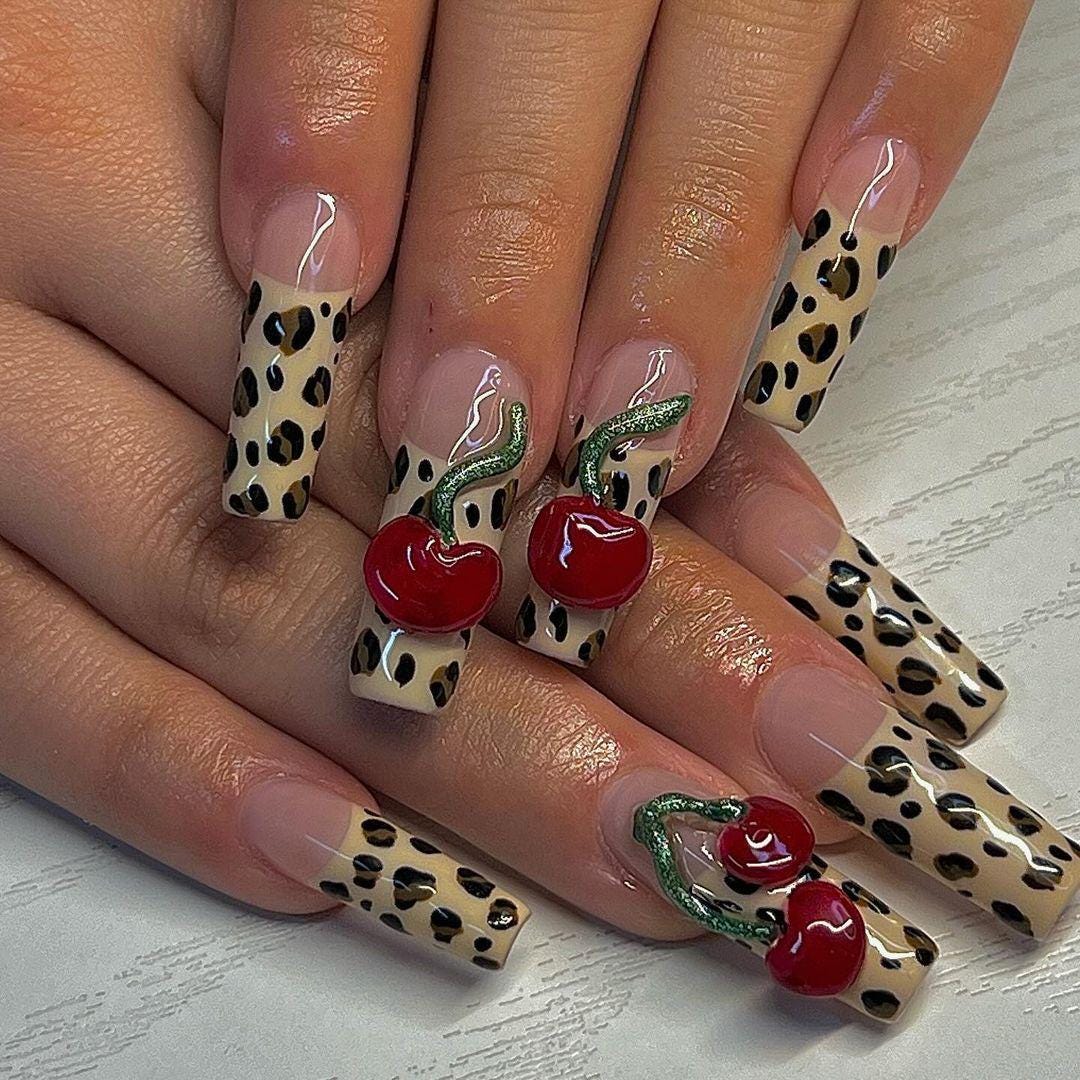 Leopard Print With Cherry Long Square Press on Nail, Custom Design Nail Art, Fake Nail for ...