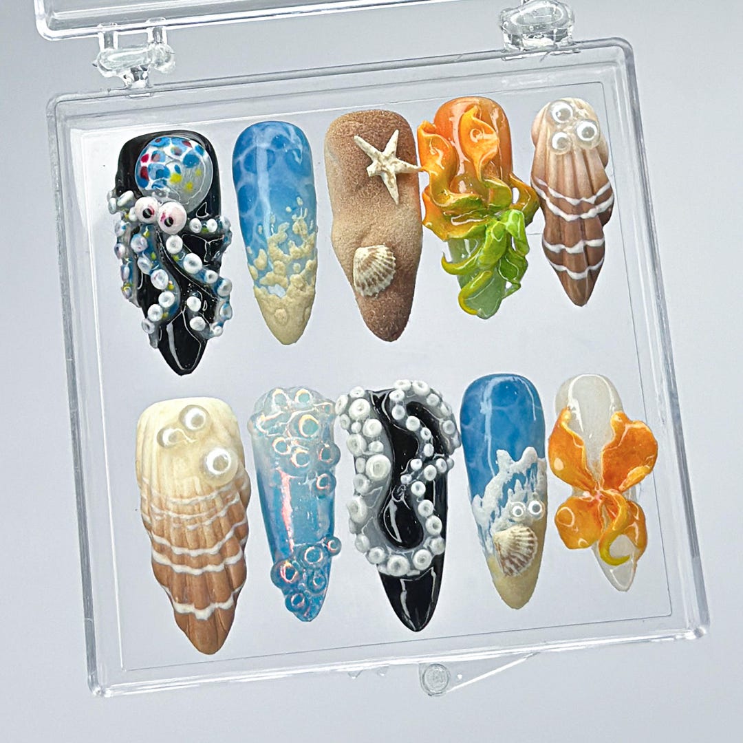 Ocean 3D Press on Nails, Handmade Marine Life Nail Art, Beach Theme ...