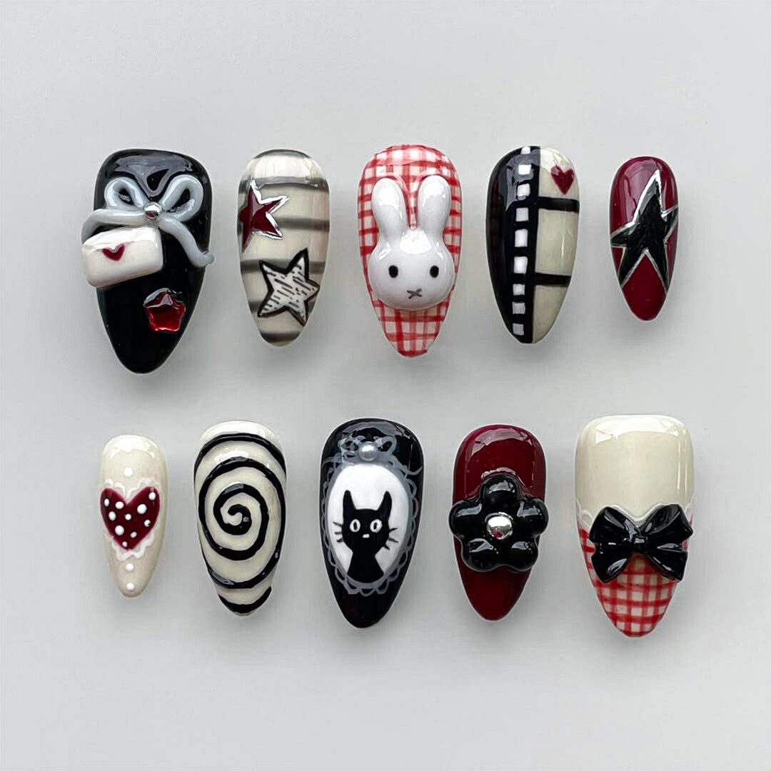 Vintage Miffy and Star Press on Nails, 3D Black Cat and Bow Press on ...