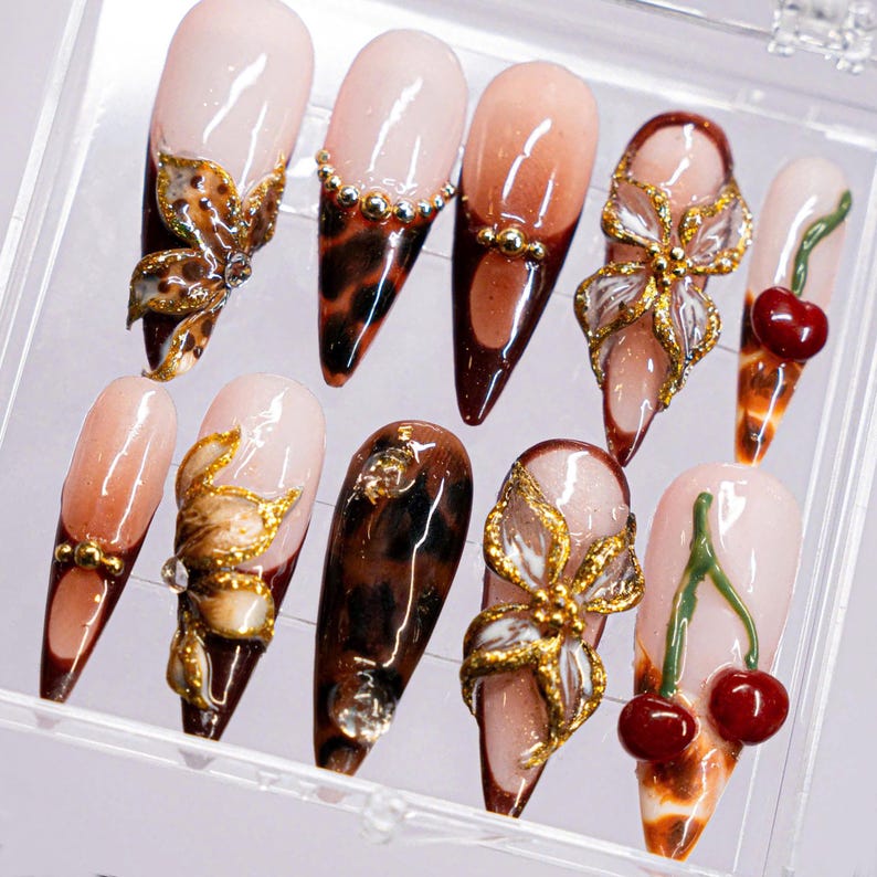 Fall Press on Nails With 3D Floral and Cherry Accents, Long Almond ...