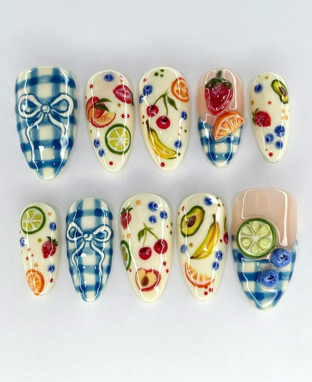 Fruit Picnic Press on Nails, 3D Gel Fruit Nail Art With Gingham & Bows ...