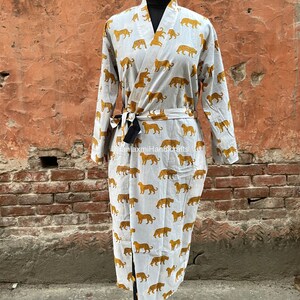 Indian Cotton Robes, Tiger Block Printed Coat Robe, Summer Kimono Style ...