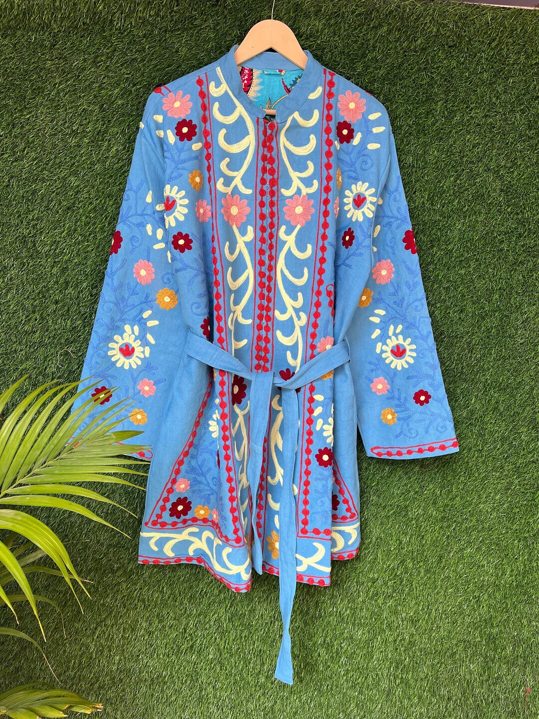 Cotton Hand Embroidery Jacket Coat, Uzbek Suzani Long Jacket Coat ...