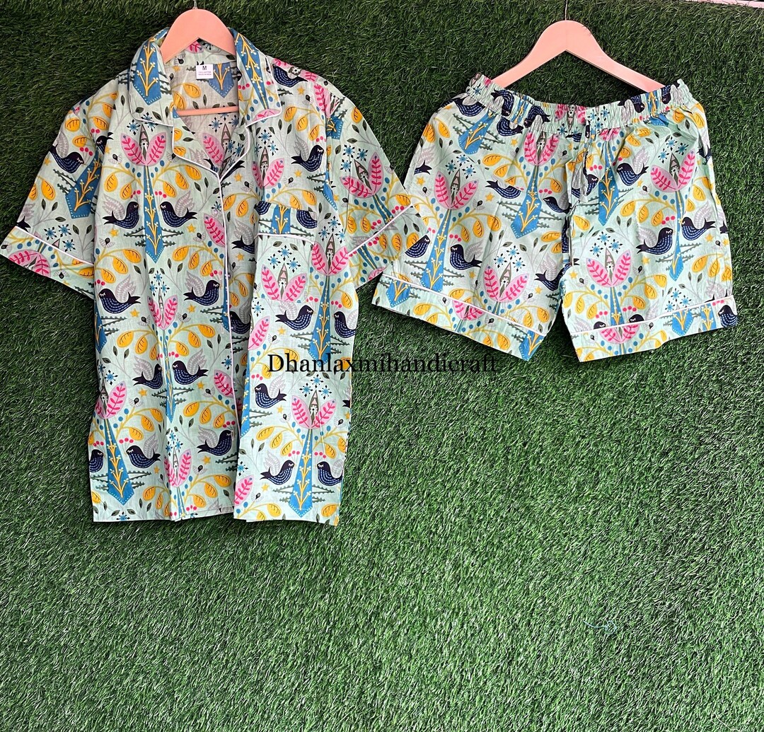 Birds Screen Print Pyjama Sets, Indian Cotton Hand Made Shorts Pajama ...