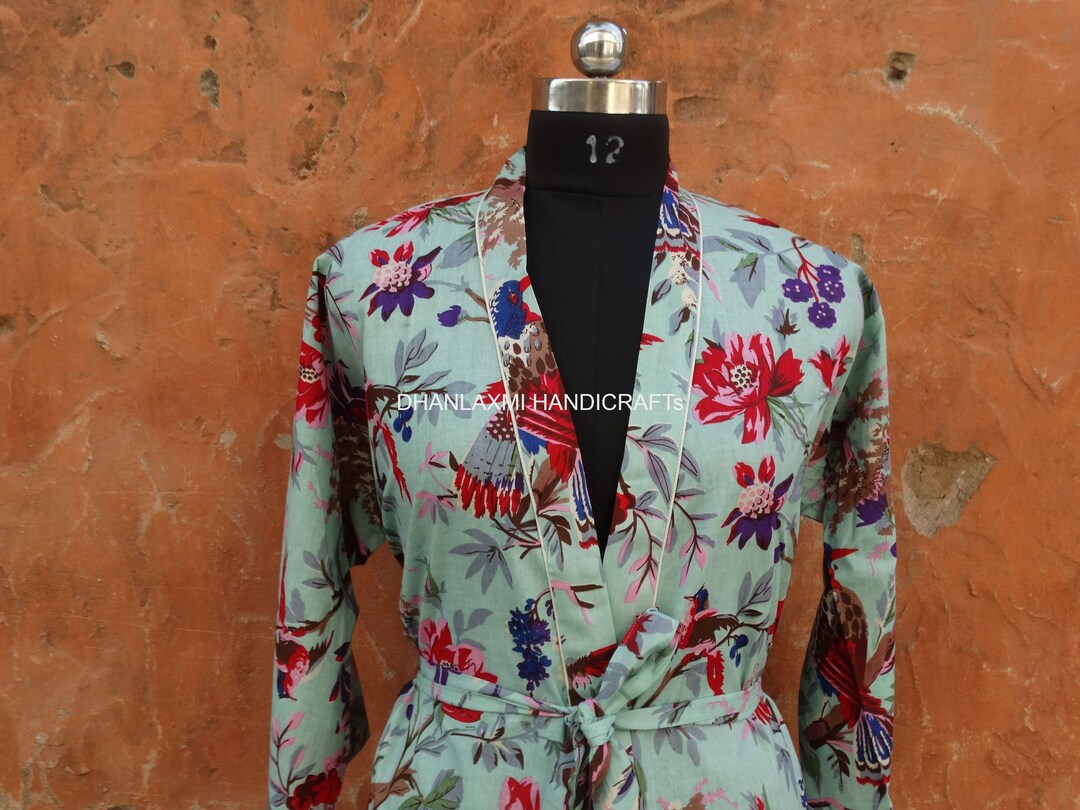 Sky Blue Bird Print Bath Robes, House Coat Robe Indian 100% Cotton ...