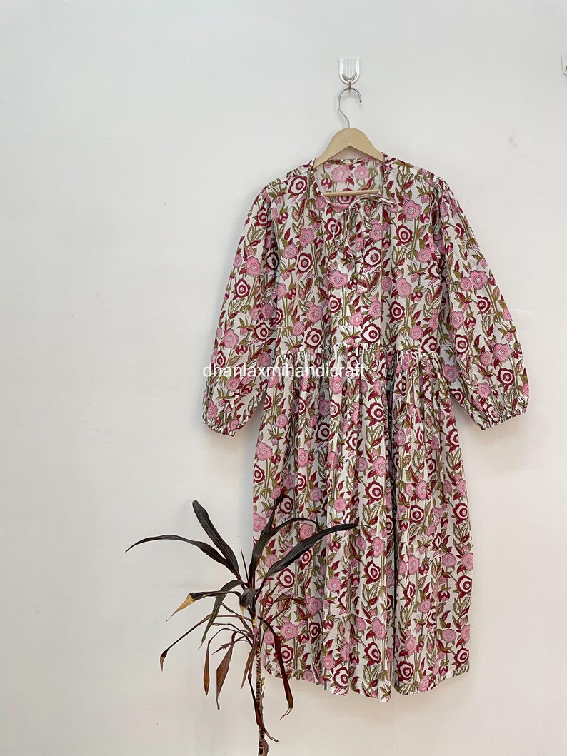 Handmade Block Print Cotton Midi Dress – Pink Floral V-neck Long Sleeve ...