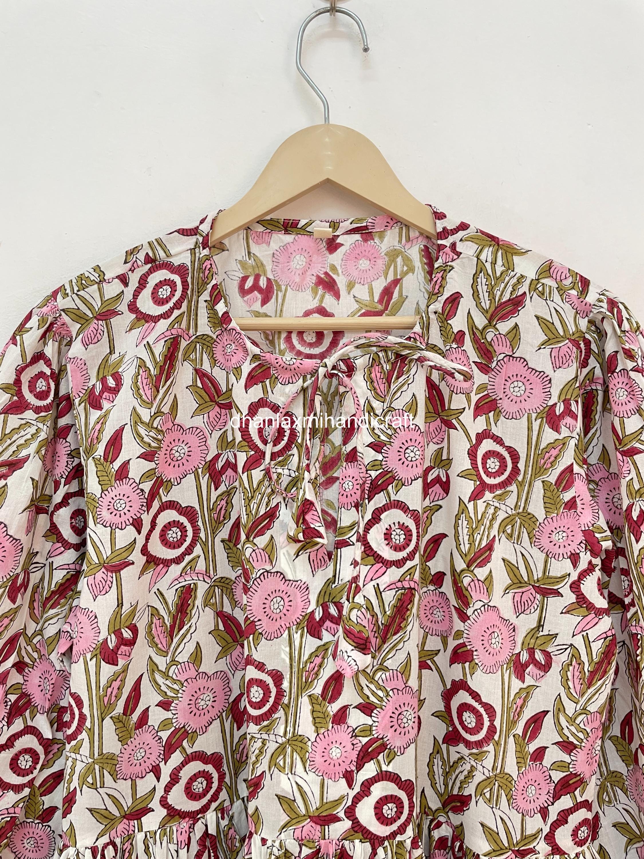 Handmade Block Print Cotton Midi Dress – Pink Floral V-neck Long Sleeve ...