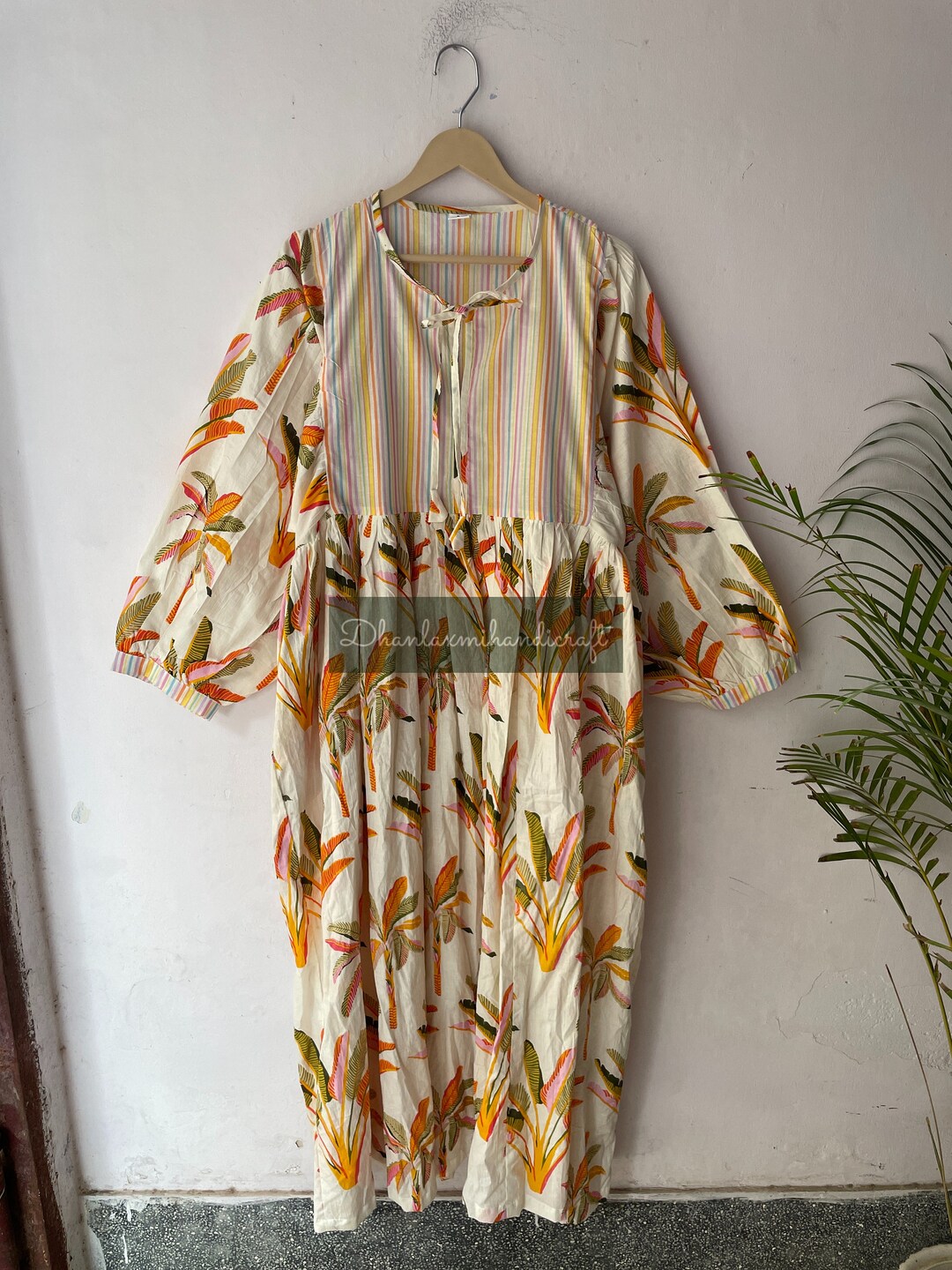 Party Wear Dress, Cotton Palm Tree Print Dress, Deep V Neck, Summer ...
