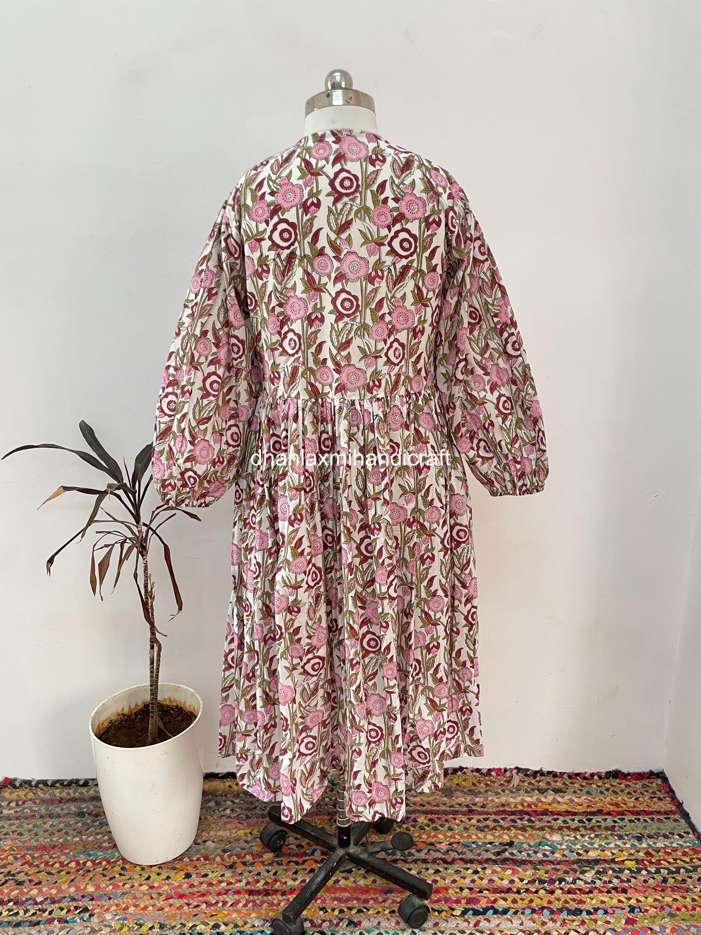 Handmade Block Print Cotton Midi Dress – Pink Floral V-neck Long Sleeve ...