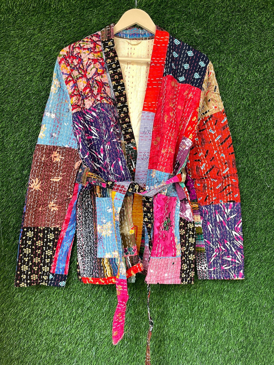 Cotton Hand Stitched Jacket, Quilted Patchwork Jacket With Belt, Winter ...