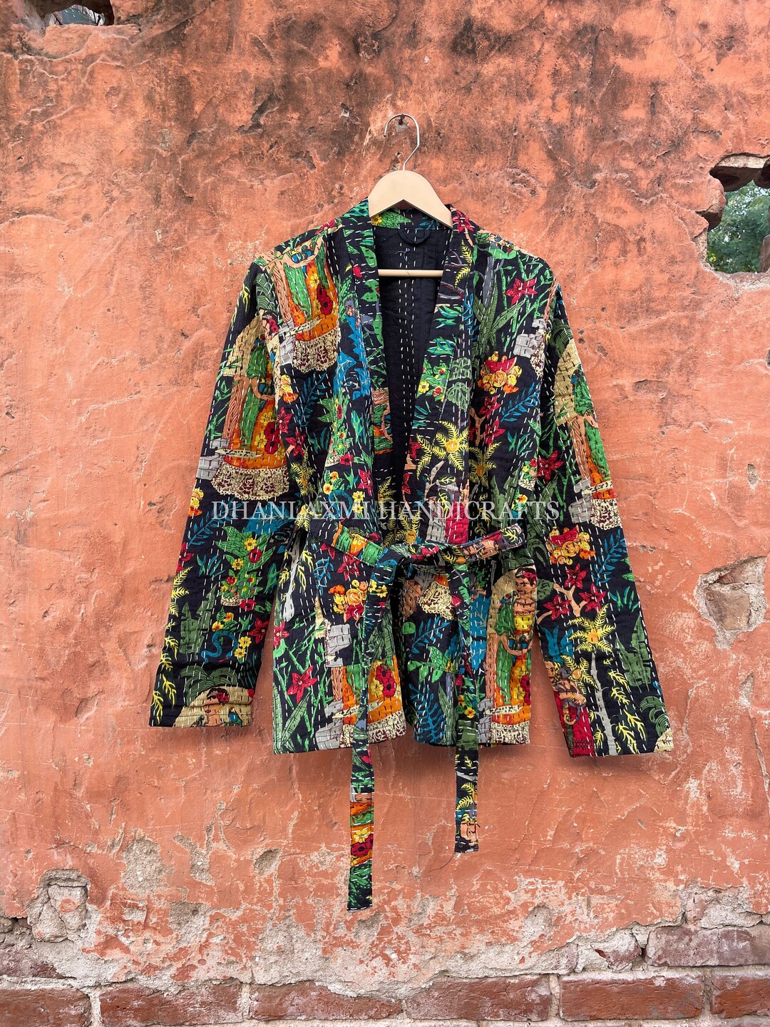 Frida Kahlo Print Cotton Jacket With Belt, Indian Handmade Winter Jacket Coat, Quilted Kantha ...