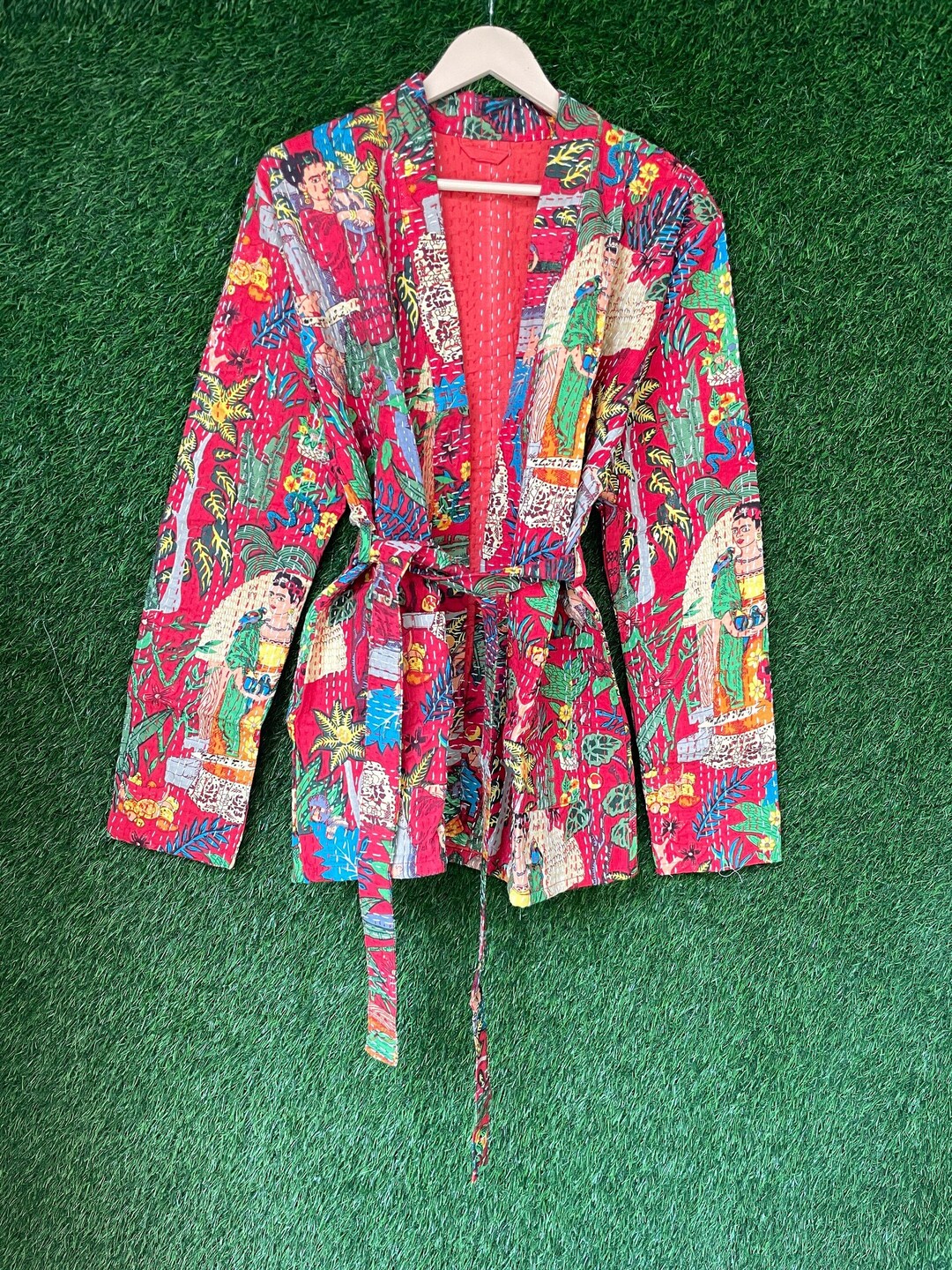 Frida Kahlo Print Cotton Jackets, Handmade Quilted Kantha Jacket With Belt, Unisex Winter Jacket ...