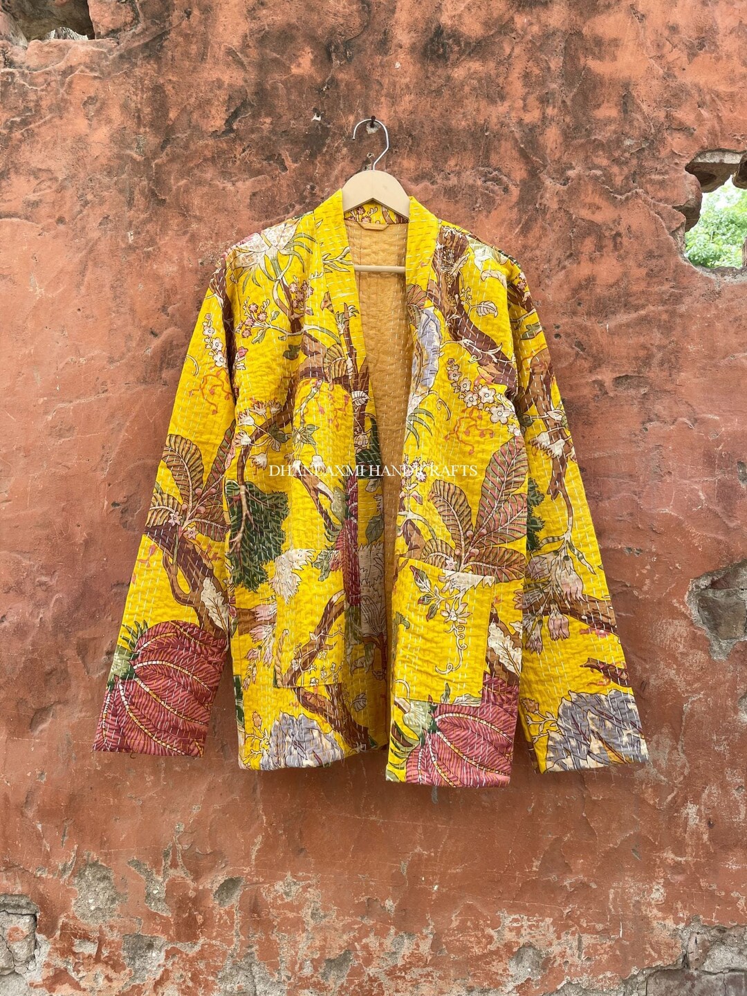 Beautiful Yellow Floral Print Jacket, Pure Cotton Quilted Kantha Jacket ...
