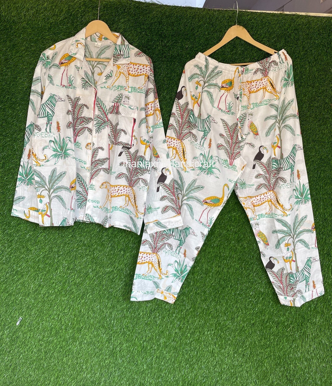 Safari Print Cotton Pajama Set Long Night Suit, Bridesma Pjs, Jungle ...
