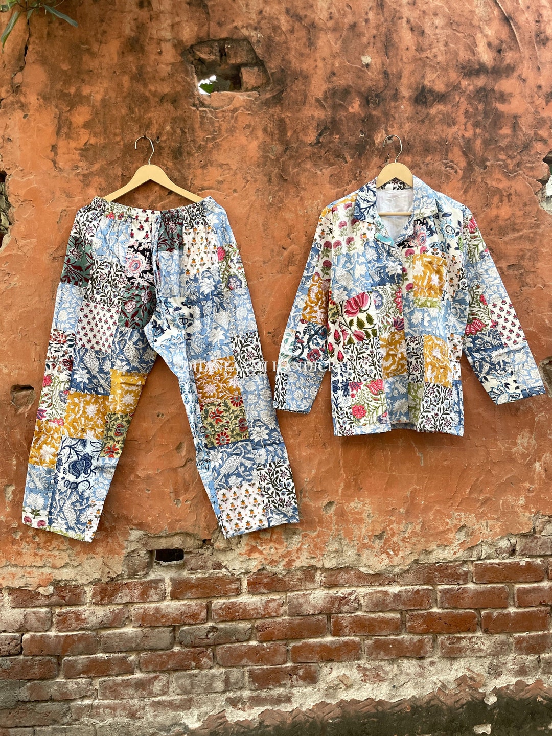 Assorted Patchwork Indian Cotton Pajama Sets, Floral Block Print ...