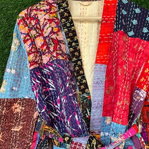 Cotton Hand Stitched Jacket, Quilted Patchwork Jacket With Belt, Winter ...