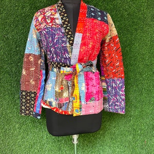 Cotton Hand Stitched Jacket, Quilted Patchwork Jacket With Belt, Winter ...