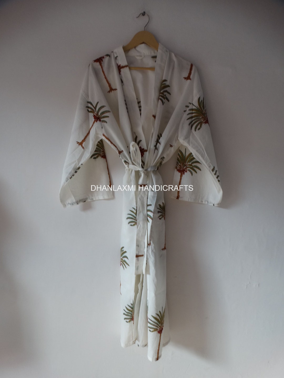 Hand Block Print Cotton Kimono Robe, Palm Tree Maxi Gown, Beach Coverup ...