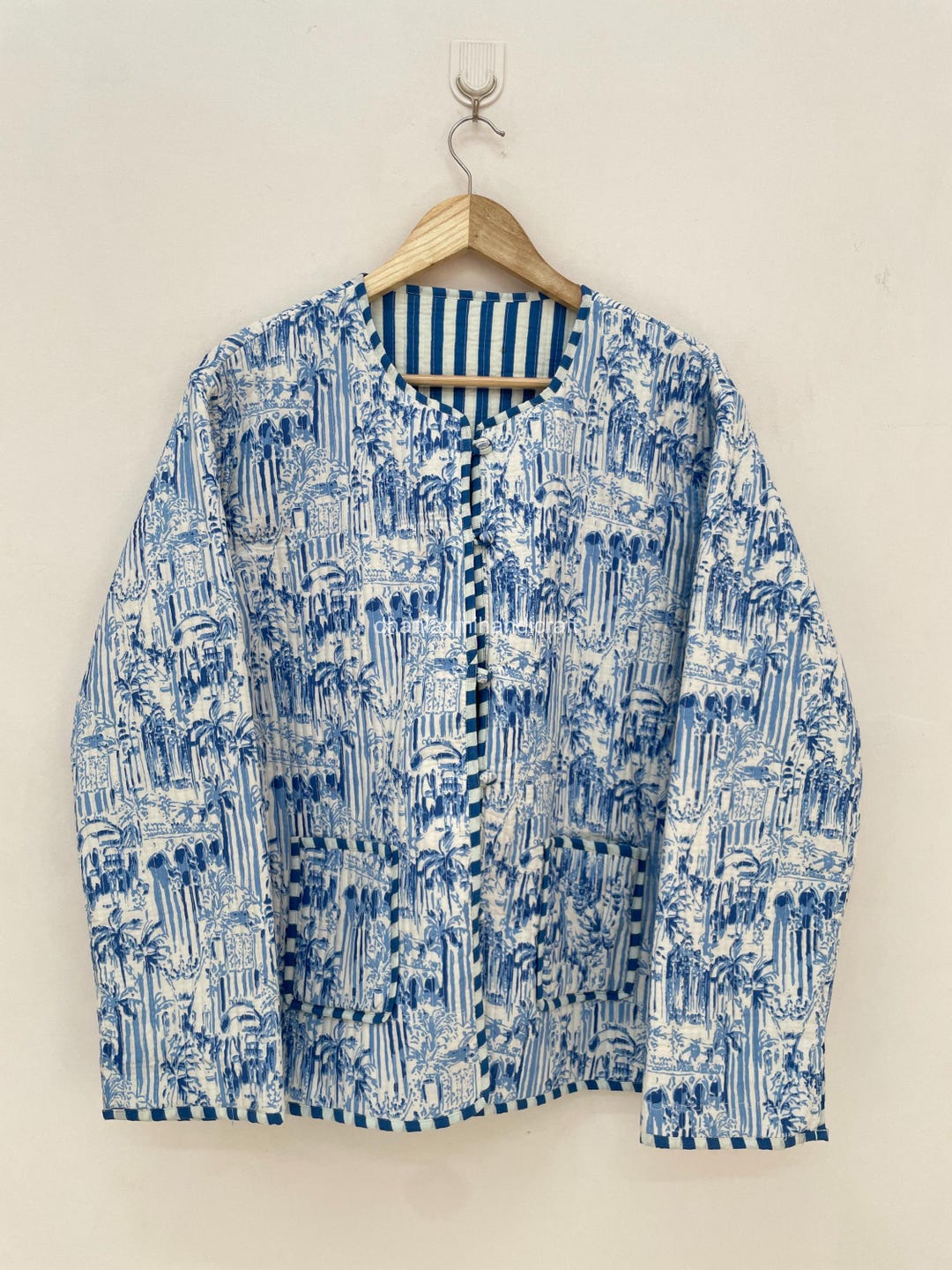 Women's Reversible Quilting Round Neck Coat | Indigo Blue Palm Tree ...