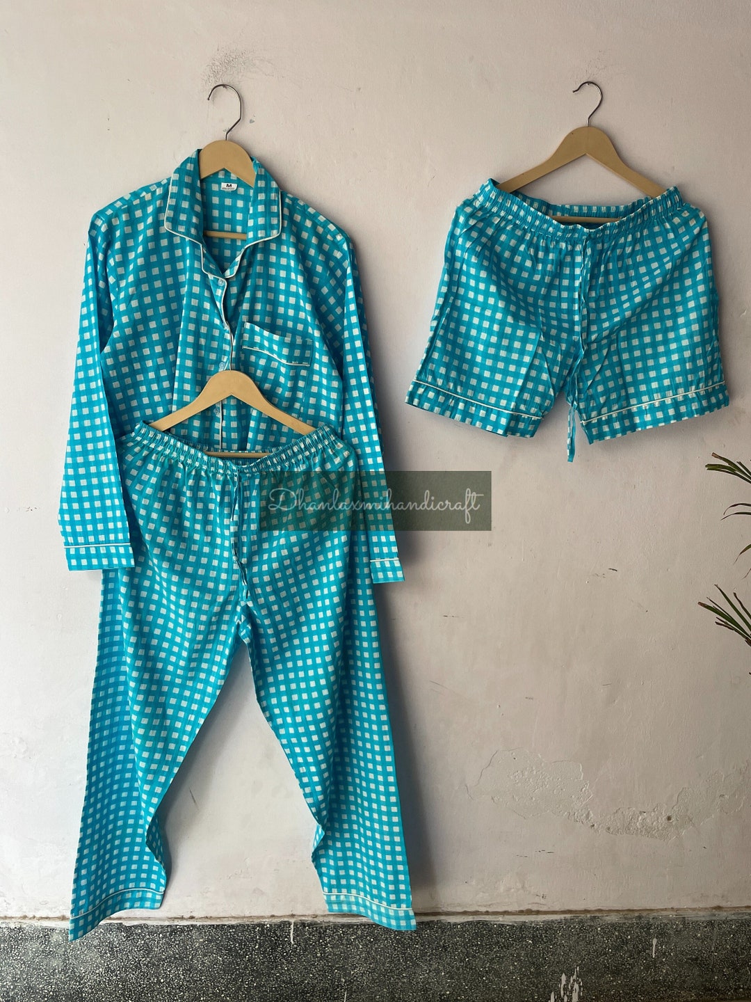 100% Cotton Summer 3 Pieces Pyjama Set & Shorts, Gingham Design Unisex ...