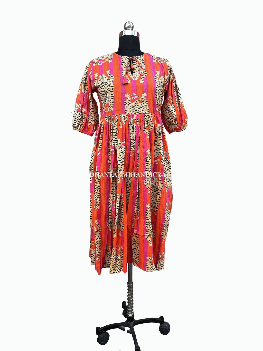 Indian Soft 100% Cotton Fabric Dress, Tiger Block Print Short Sleeve ...