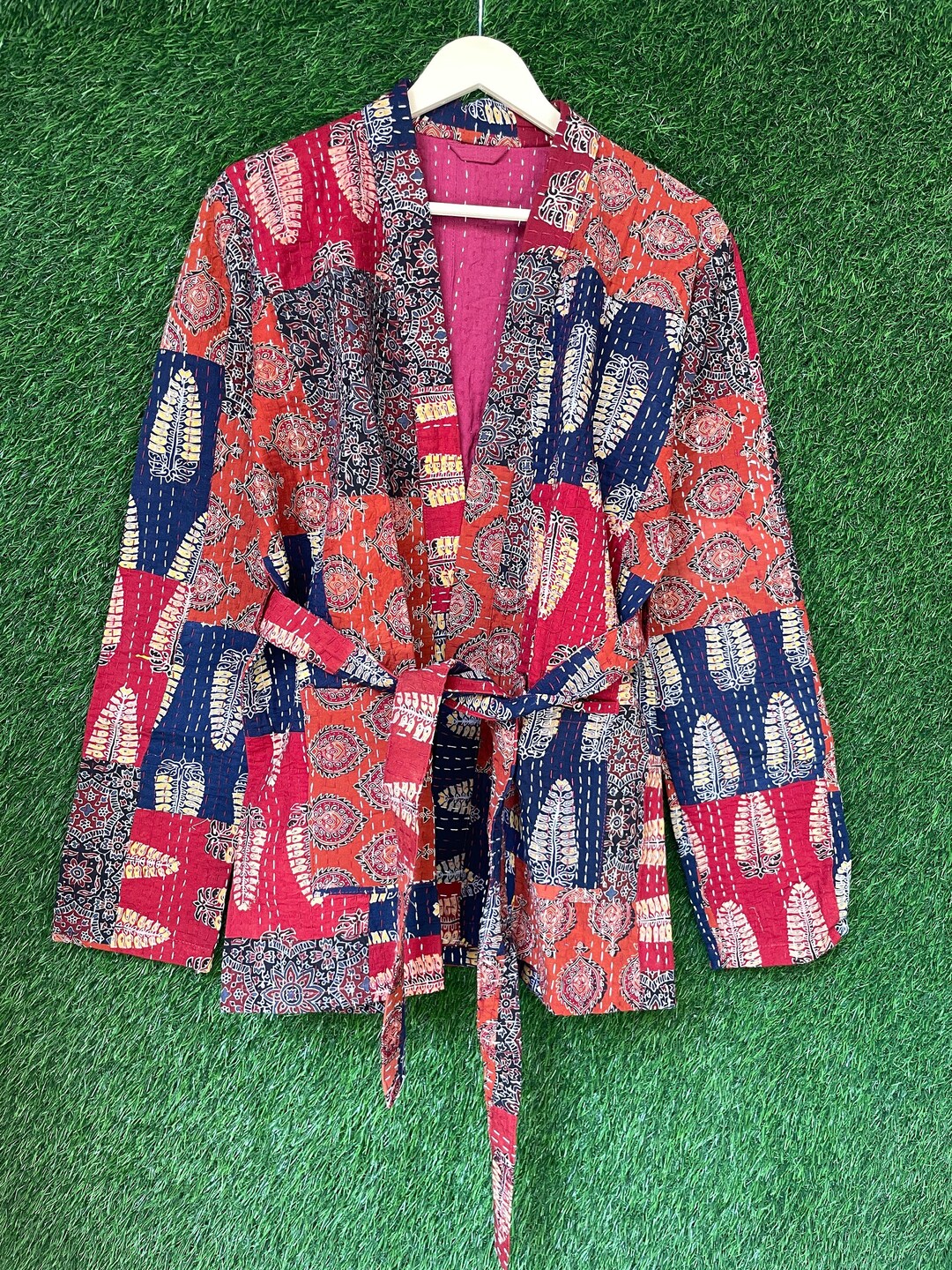 Indian Cotton Hand Stitched Jacket With Belt, Ajrakh Patchwork Jacket ...
