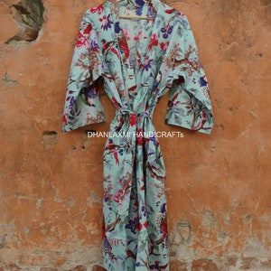 Sky Blue Bird Print Bath Robes, House Coat Robe Indian 100% Cotton ...