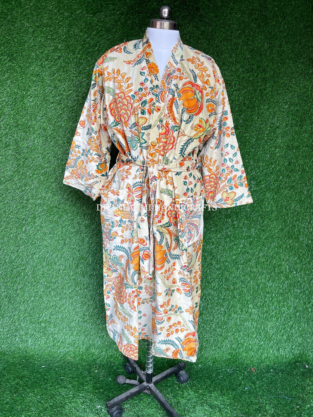 Indian Cotton Kimono, Handmade Floral Print Robes, Soft Velvet Kimono ...