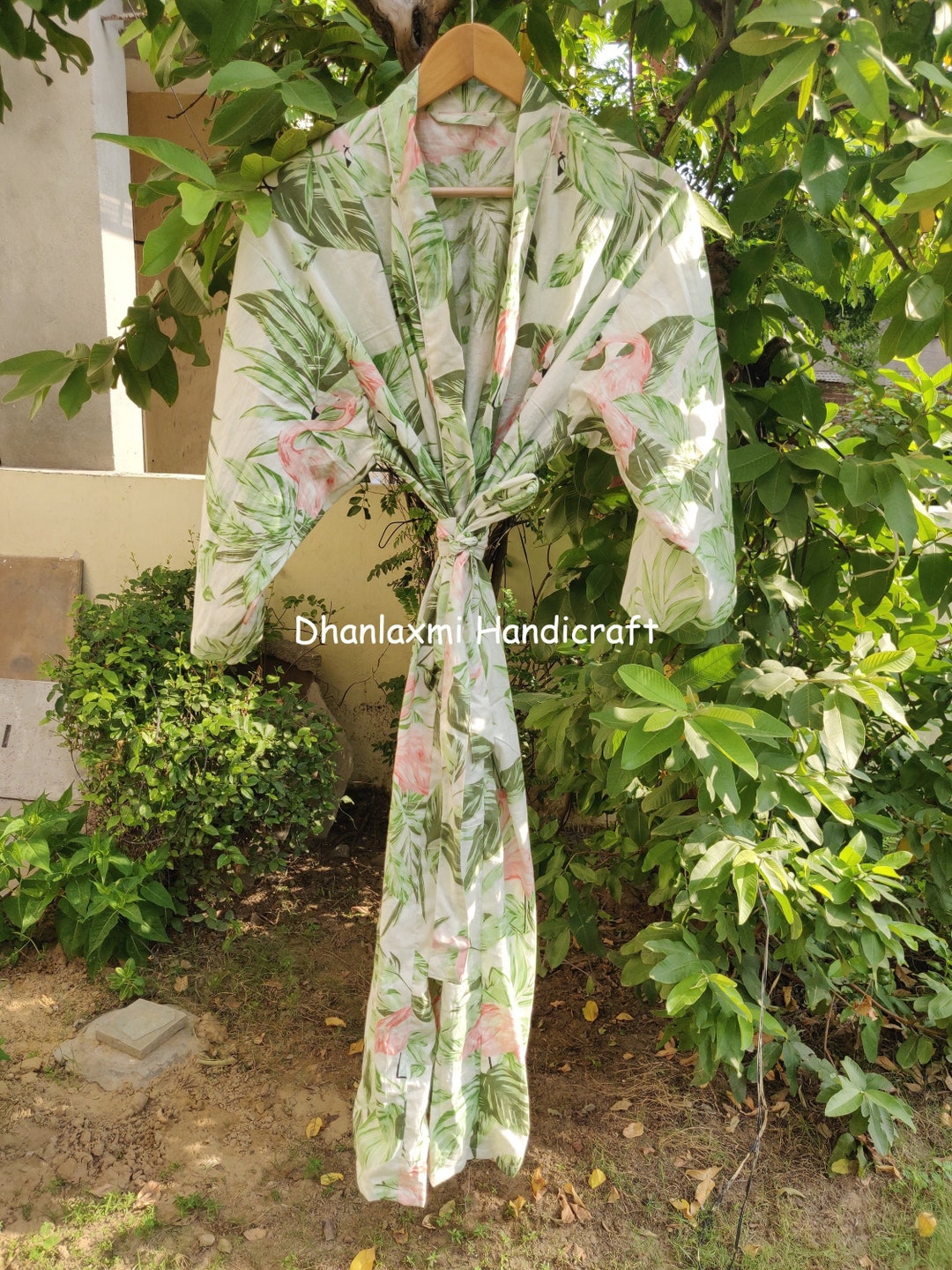 Flamingo Print Cotton Robe, Indian Hand Made Cotton Beach Kimono ...