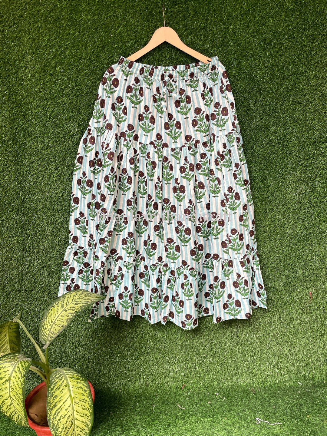 Boho Maxi Skirt, Striped Buta Print Cotton Skirt With 2 Side Pocket ...