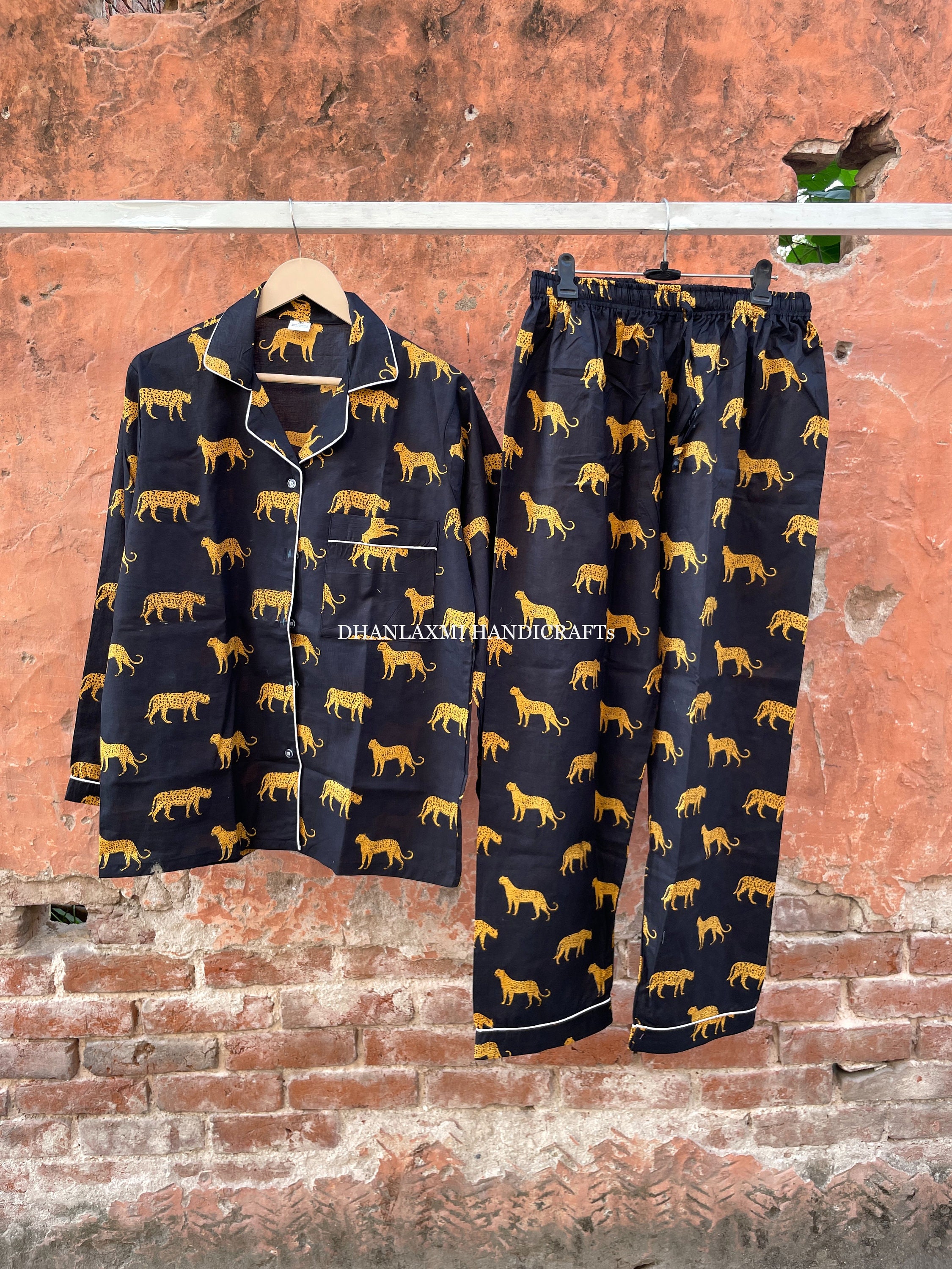 Tiger Print Pajama Set Women Night Wear Cotton Shirt & | Etsy