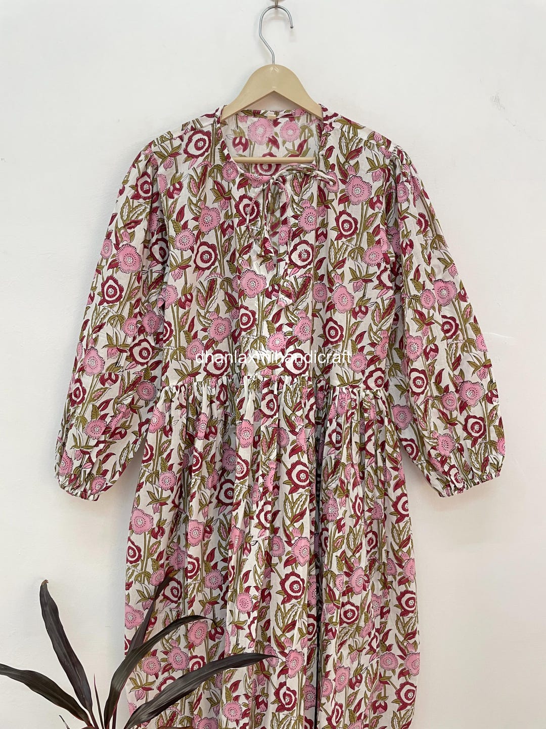 Handmade Block Print Cotton Midi Dress – Pink Floral V-neck Long Sleeve ...