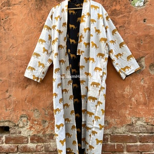 Indian Cotton Robes, Tiger Block Printed Coat Robe, Summer Kimono Style ...