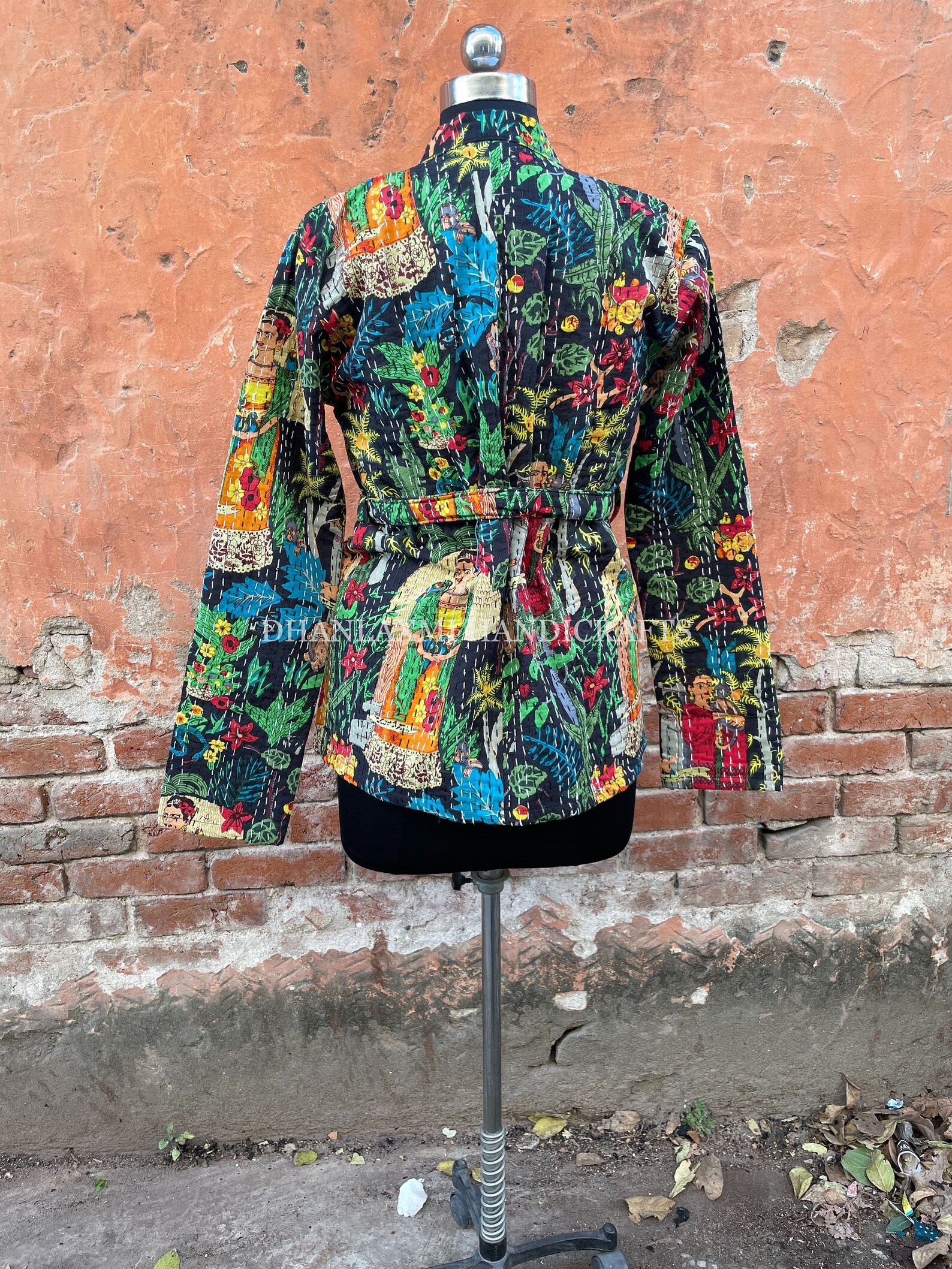 Frida Kahlo Print Cotton Jacket With Belt, Indian Handmade Winter Jacket Coat, Quilted Kantha ...