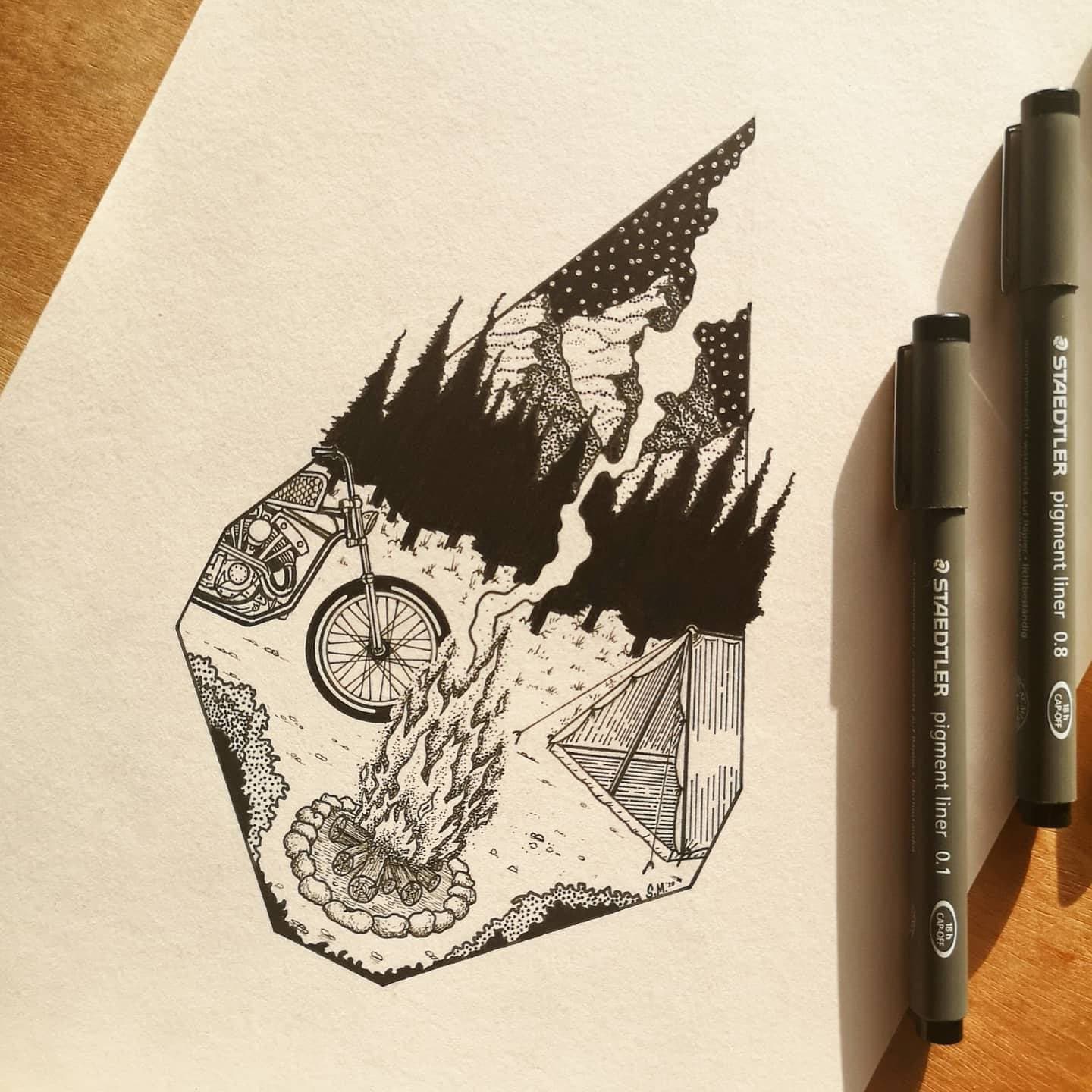 Chopper Camping Motorcycle Roadtrip Ink Dotwork Print - Etsy