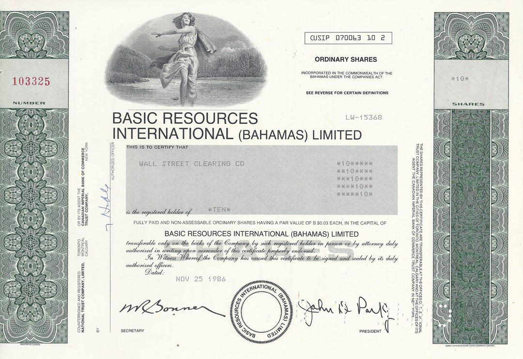 Basic Resources International (bahamas) Ltd. Stock Certificate - Etsy