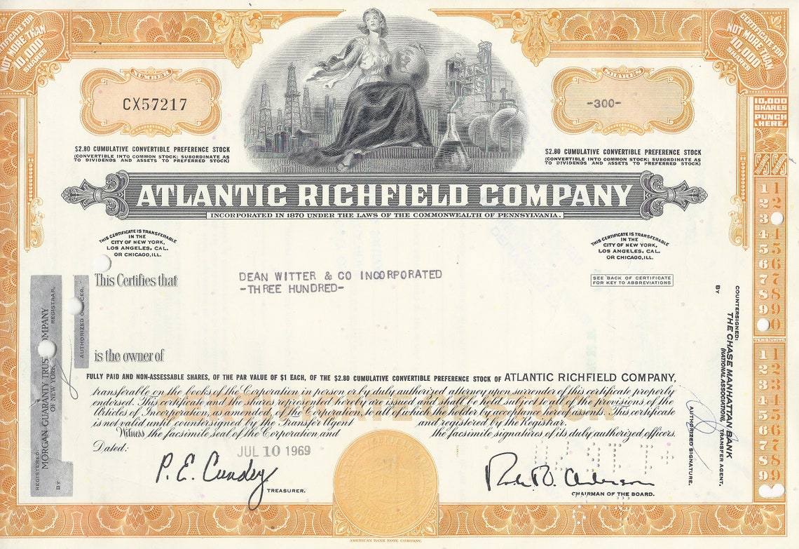 Atlantic Richfield Co. Preferred Stock Certificate Type 2 - Etsy
