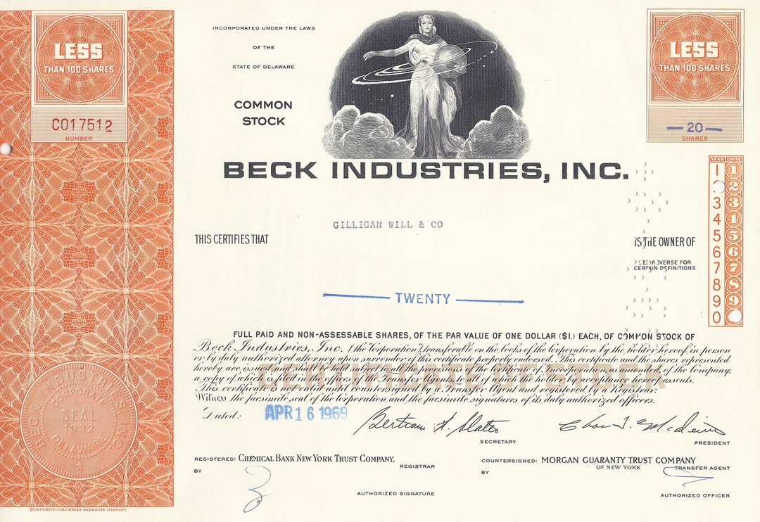 Beck Industries Inc. Stock Certificate - Less Than 100 Shares. - Etsy