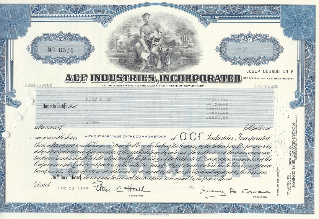 ACF (american Car & Foundry) Industries Inc. Stock Certificate - Blue ...