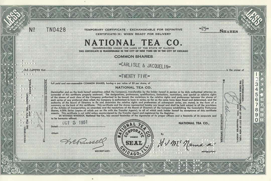 National Tea Co. Stock Certificate - 1950's - Etsy