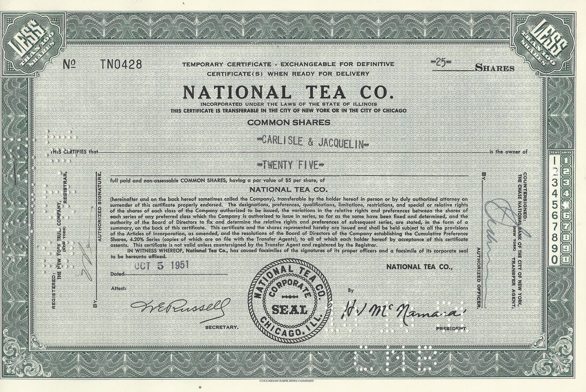National Tea Co. Stock Certificate 1950's - Etsy