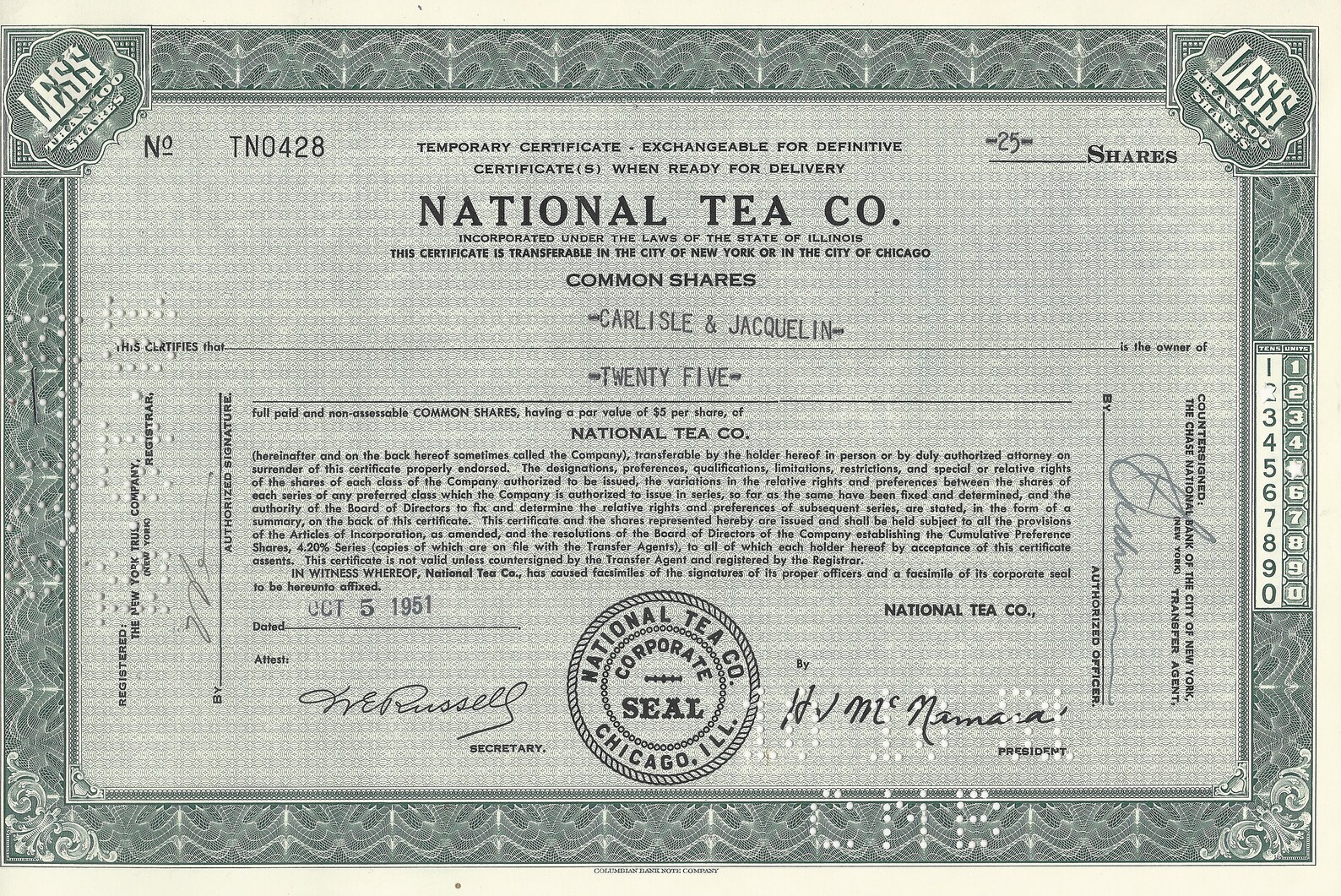 National Tea Co. Stock Certificate 1950's - Etsy
