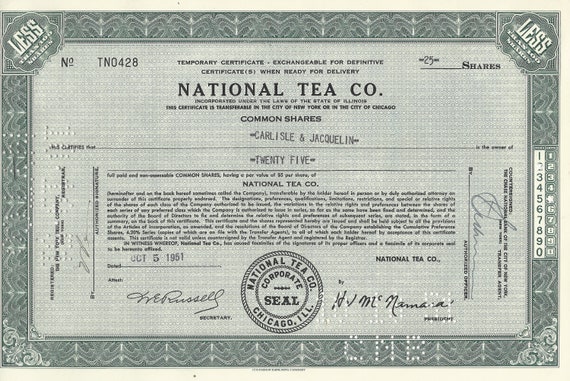 National Tea Co. Stock Certificate 1950's - Etsy