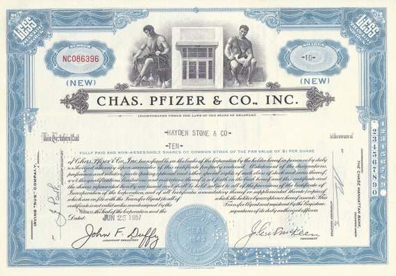 Chas. Pfizer & Co. Stock Certificate Blue Less Than 100 | Etsy